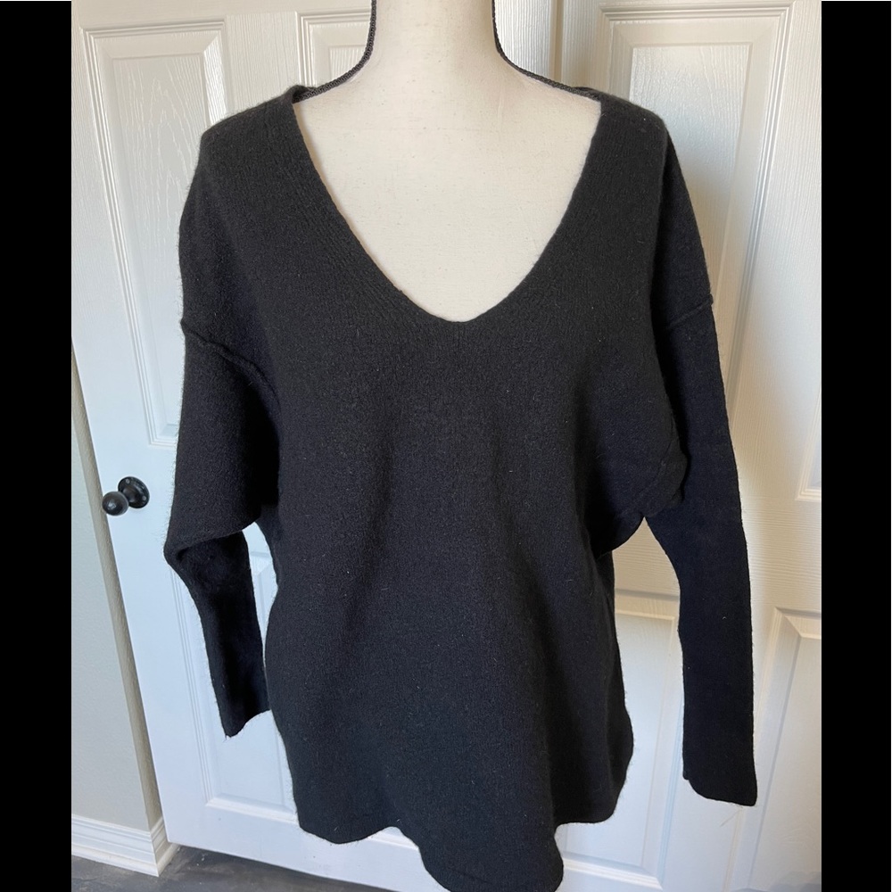 Free People Fuzzy Black Yak & Wool V Neck Sweater - Gem